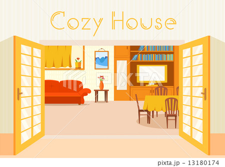 Flat cozy room in house with open doors...のイラスト素材 [13180174] - PIXTA
