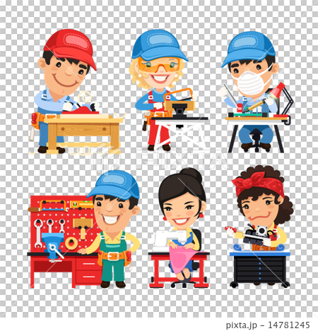 Set of Cartoon Workers at their Work Desks - Stock Illustration ...