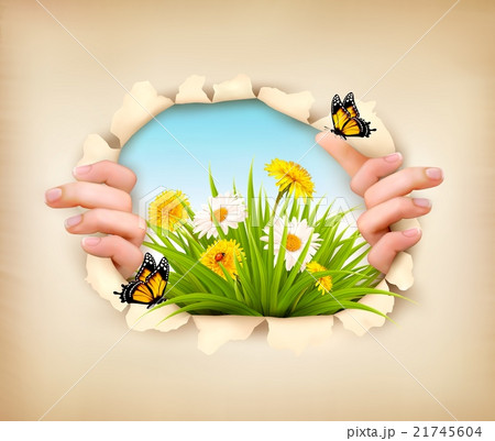 Spring background with hands, ripping paper のイラスト素材 [21745604] - PIXTA