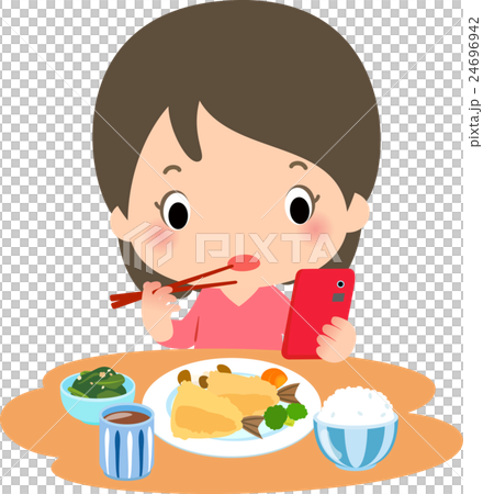 A young woman using a smartphone while eating - Stock Illustration ...