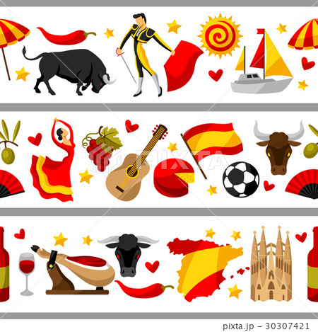 Spanish Culture Clip Art Cartoon Doodles Spain Seamless Pattern.