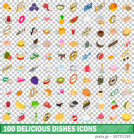 100 delicious dishes icons set, isometric 3d style - Stock Illustration ...