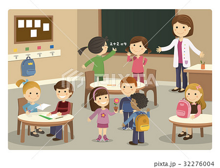 Pupils and teacher starting class at schoolのイラスト素材 [32276004] - PIXTA