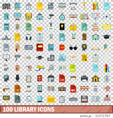100 library icons set, flat style-插圖素材 [32372767] - PIXTA圖庫