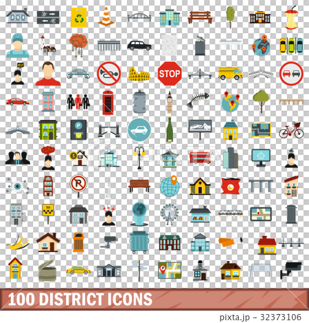 100 district icons set, flat style - Stock Illustration [32373106] - PIXTA