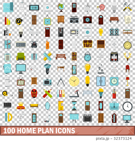 100 home plan icons set, flat style - Stock Illustration [32373124] - PIXTA