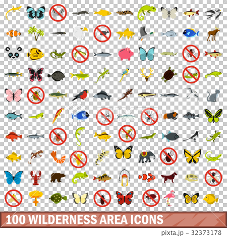 100 wilderness area icons set, flat style - Stock Illustration ...