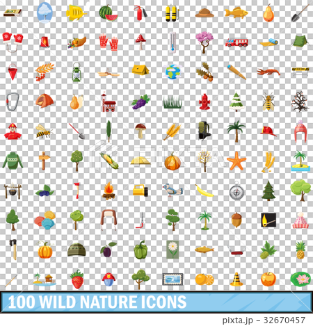 100 wild nature icons set, cartoon styleのイラスト素材 [32670457] - PIXTA