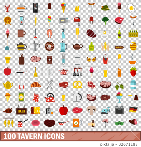 100 tavern icons set, flat style-插圖素材 [32671185] - PIXTA圖庫