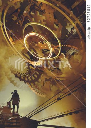 man standing against many big golden gearsのイラスト素材 [32793812] - PIXTA