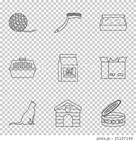 Cat equipment icons set, outline style - Stock Illustration [35107149 ...