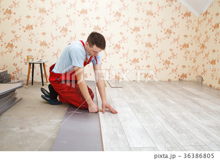 handyman laying down laminate flooring boardsの写真素材 [36386805] - PIXTA