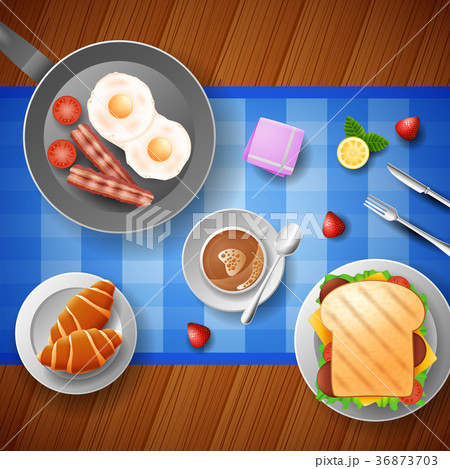 Breakfast with eggs, bacon, and a cup of coffeeのイラスト素材 [36873703] - PIXTA
