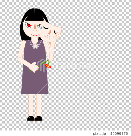 Woman hiding tricky face behind sad emotional mask - Stock Illustration ...