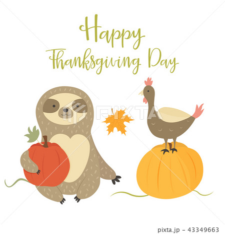 Happy Thanksgiving Day card with cute sloth,turkeyのイラスト素材 [43349663 ...