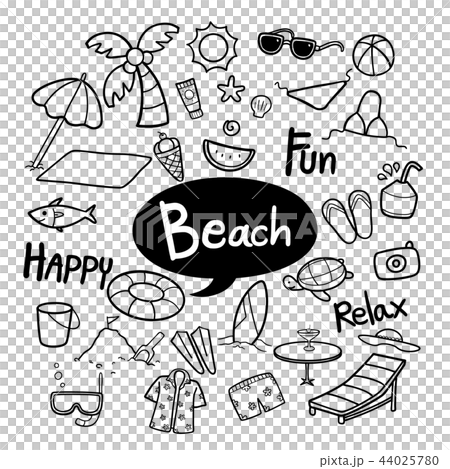 Set of beach elements in hand drawn doodles - Stock Illustration ...
