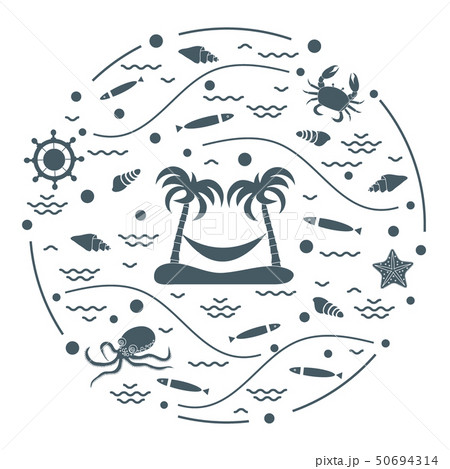 octopus, fish, island with palm trees and aのイラスト素材 [50694314] - PIXTA