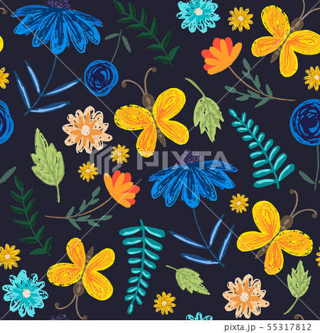 Cute dark pattern with flowers and butterfliesのイラスト素材 [55317812] - PIXTA