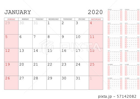 red Calendar 2020 vector basic grid. Simple designのイラスト素材 [57142082 ...