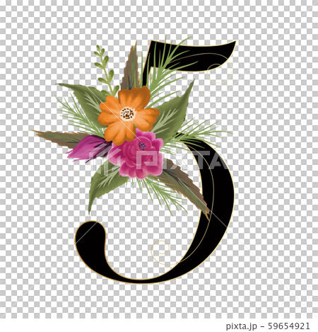 Number 5 watercolor flowers and leaves hand drawn-插圖素材 [59654921] - PIXTA圖庫