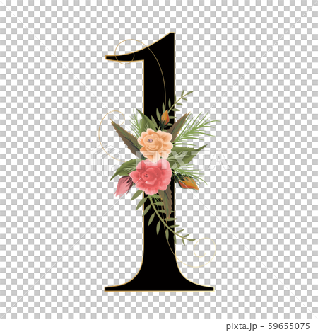 Number floral 1 with watercolor flowers and leaves - Stock Illustration ...