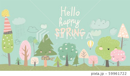 Cute spring trees. Cartoon spring trees on blue...のイラスト素材 [59961722 ...