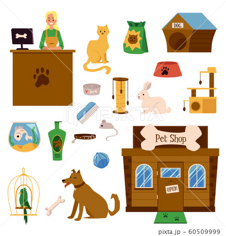 Pet shop elements set with people and animals...のイラスト素材 [60509999] - PIXTA