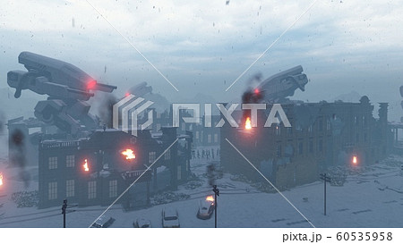 Huge military robots are shelling the destroyed...のイラスト素材 [60535958] - PIXTA