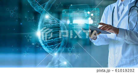 Medicine doctor touching electronic medical record on tablet. DNA ...