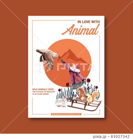 Winter animal poster design with bird, mountain,のイラスト素材 [63027342] - PIXTA
