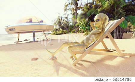 Alien resting on a tropical sea beach on a hot...のイラスト素材 [63614786] - PIXTA