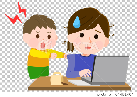Illustration of remote work mother and child... - Stock Illustration ...