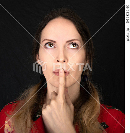 Emotion. Closed woman face with facial expressionsの写真素材 [64535246] - PIXTA