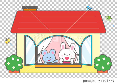 Rabbit and mouse looking out from window /... - Stock Illustration ...