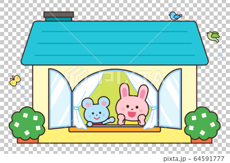 Rabbit and mouse looking out from window /... - Stock Illustration ...