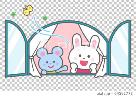 Rabbit and mouse looking out from window /... - Stock Illustration ...