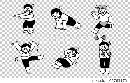 辛そうに運動、体を鍛えるトレーニングウェア着用肥満女性セット（シンプルのイラスト素材 [65763173] - PIXTA