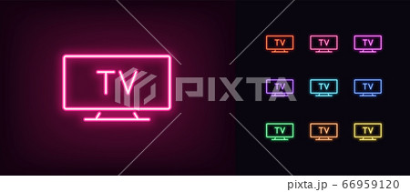 Neon tv icon. Glowing neon television sign, set ofのイラスト素材 [66959120 ...
