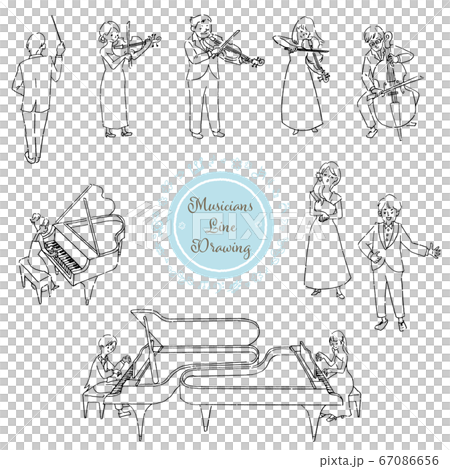Line drawing set of string quartet and pianist - Stock Illustration ...