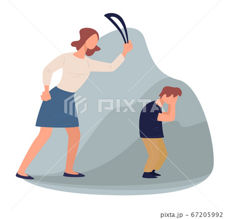 Violent mother beating crying son with leather...のイラスト素材 [67205992] - PIXTA