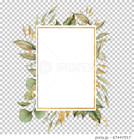 Watercolor green leaves and gold frame - Stock Illustration [67447057 ...