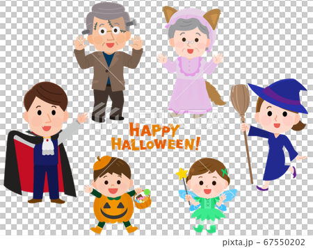 Three-generation family costume Halloween party... - Stock Illustration ...