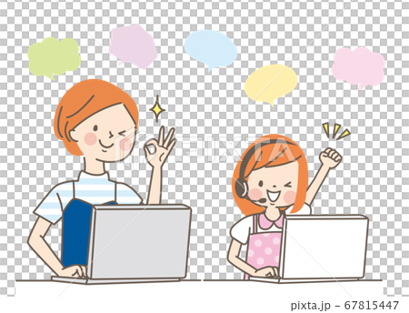 A smiling parent and child and a computer - Stock Illustration ...