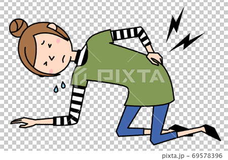 Young woman mom crouching down with back pain - Stock Illustration ...