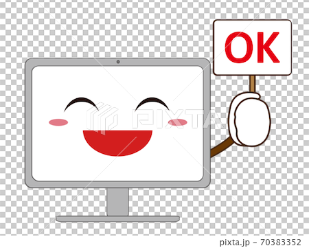 A computer with a smiling face that has an OK tag - Stock Illustration ...