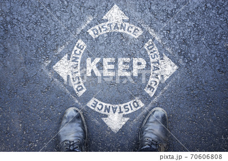 Man standing on white sign. keep distance. Sign...のイラスト素材 [70606808 ...