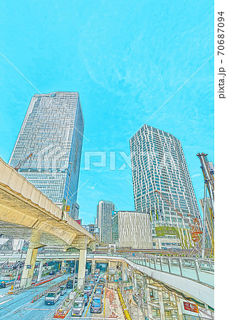 [アニメ風]東京の都市風景 渋谷駅西口歩道橋からの風景のイラスト素材 [70687094] - PIXTA