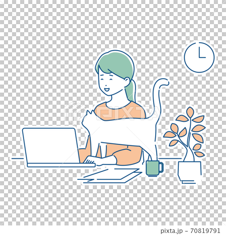 Remote work / Women with pet cats coming in the... - Stock Illustration ...