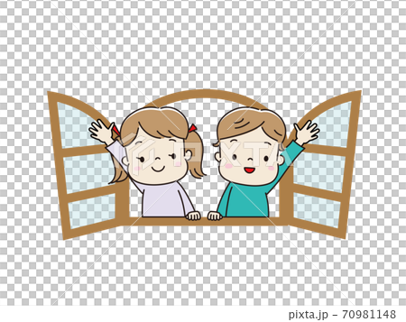 Children leaning out of the window and waving - Stock Illustration ...