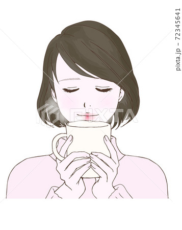 ホットドリンクを持つ女性(閉眼)のイラスト素材 [72345641] - PIXTA